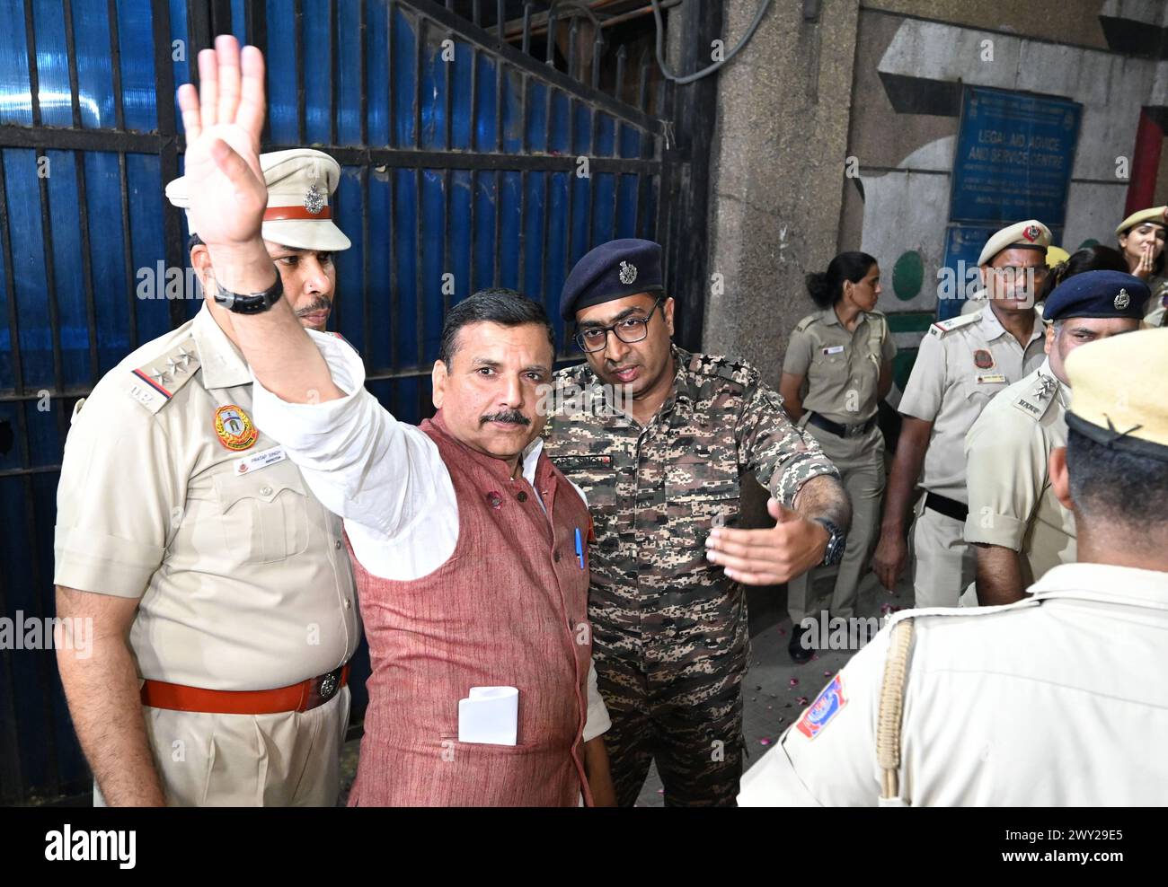 NEW DELHI, INDIA - APRIL 3: AAP MP Sanjay Singh waves to the crowd after release from Tihar Jail ...