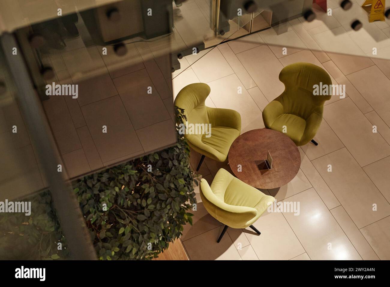 Top view of cozy seating area with tall green armchairs and eco decor ...