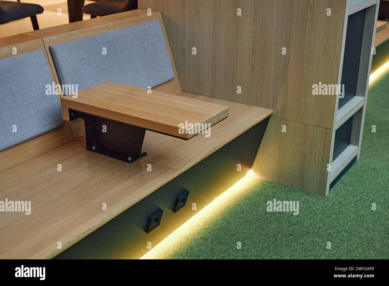 Modern loft style geometric furniture in seating area of hotel lobby or ...