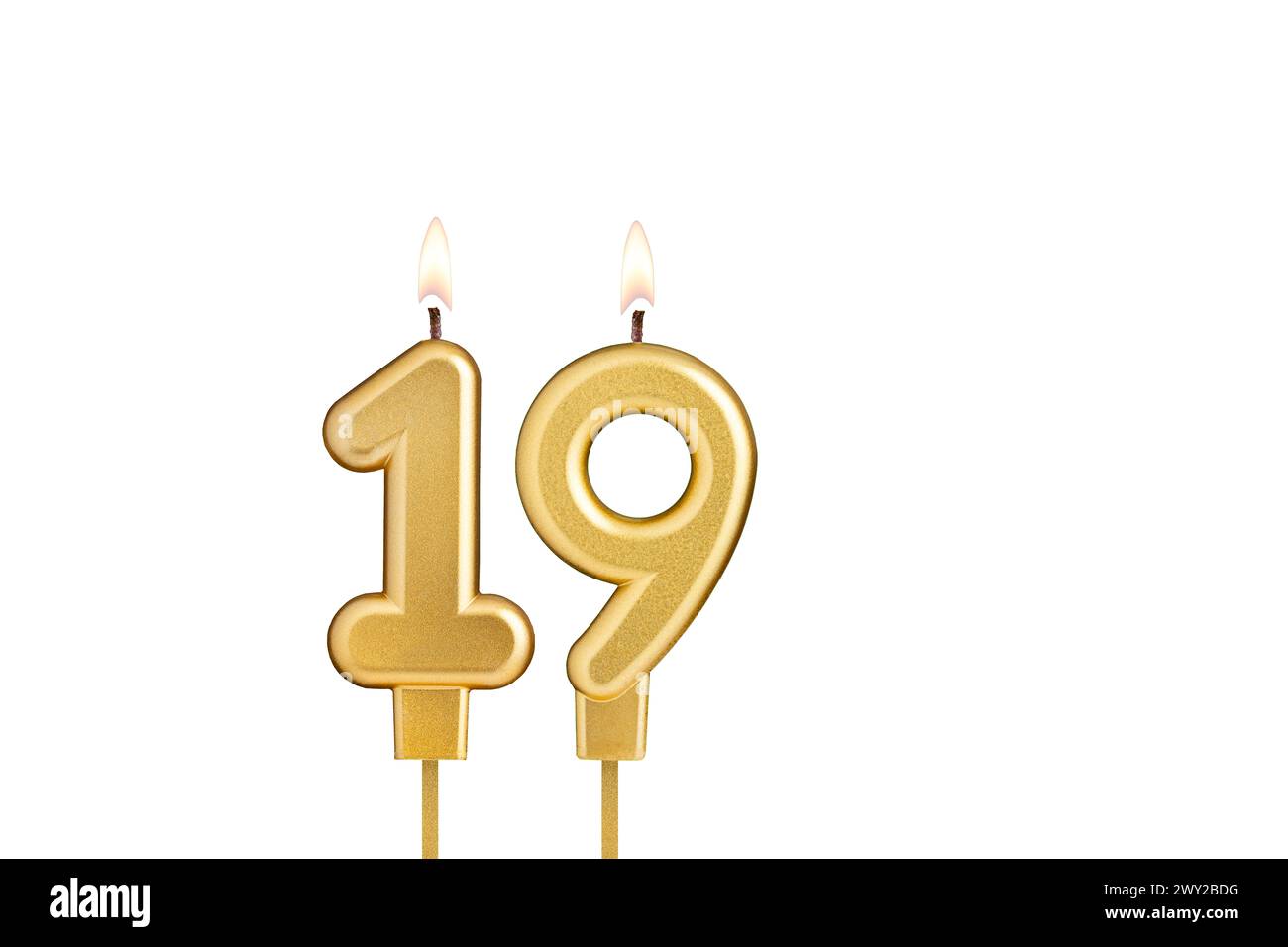 Golden number 19 birthday candle on white background Stock Photo - Alamy