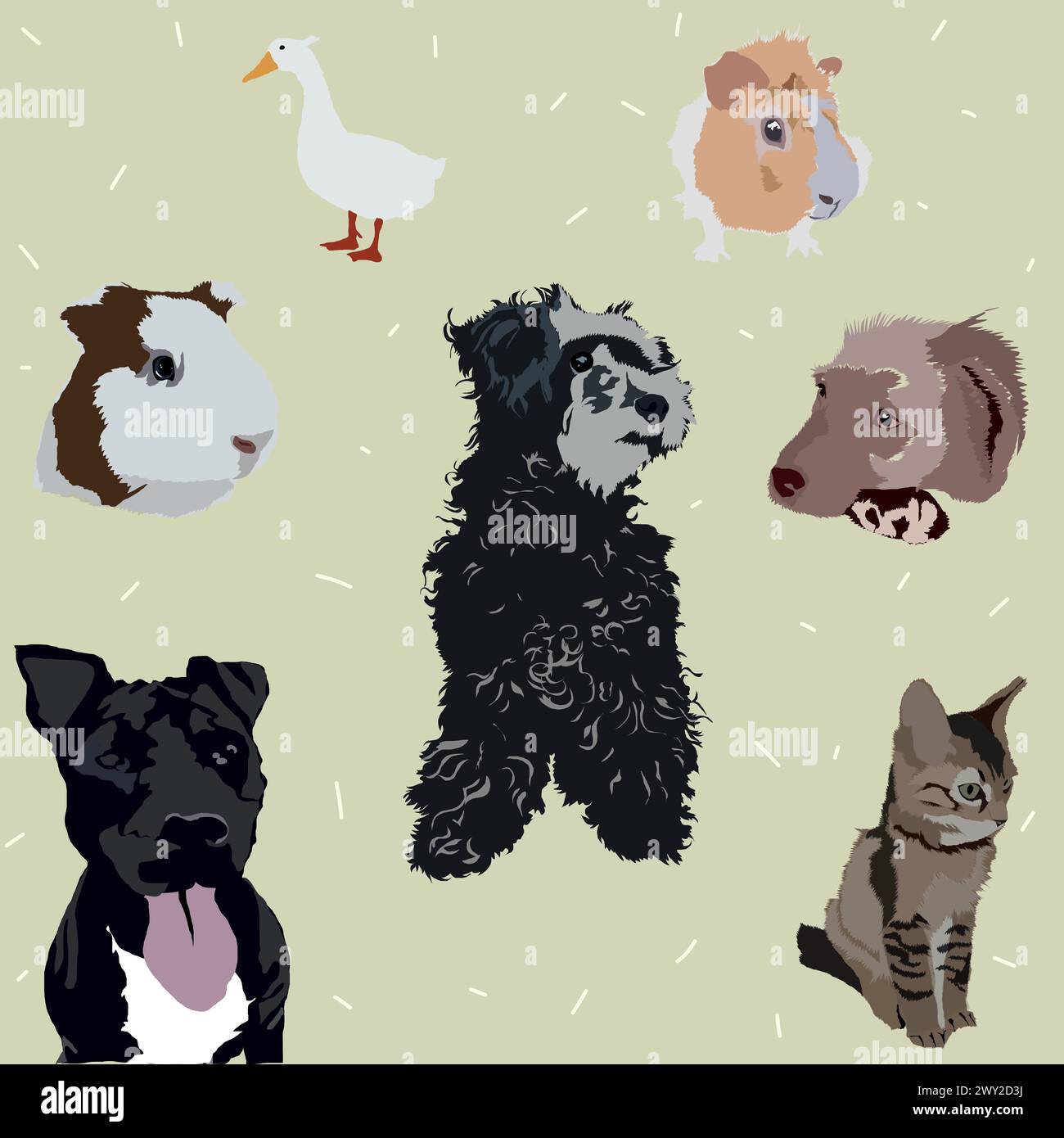 The image consists of pets, three dogs, a cat, two guinea pigs, and a ...