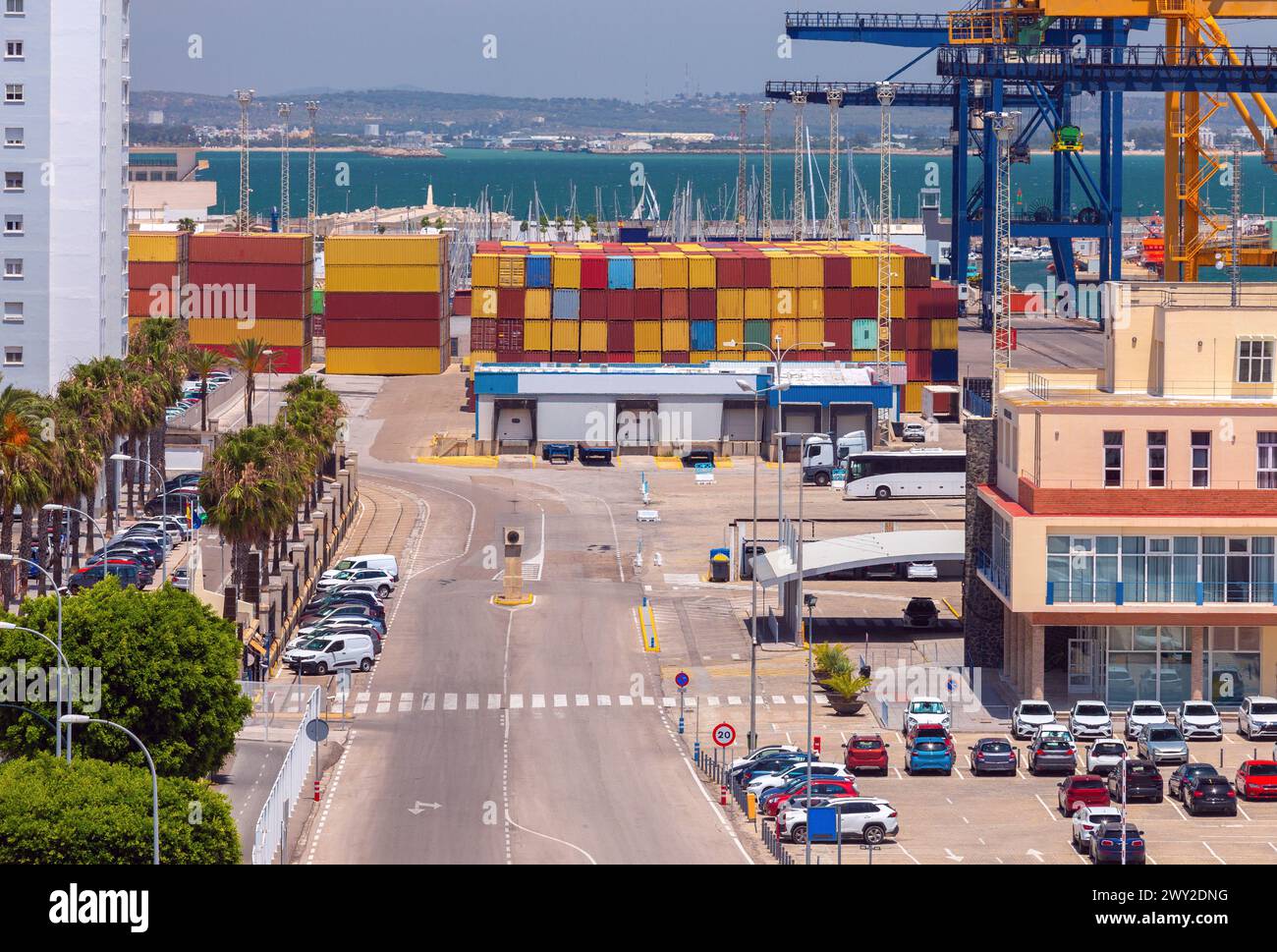 View of the cargo seaport, container terminal and large container ship ...