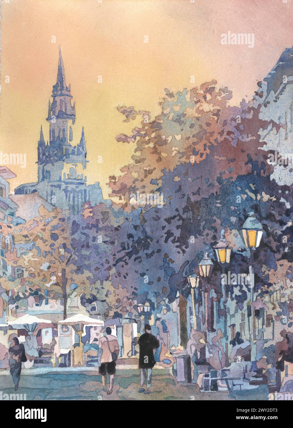 Colorful sunset painting Munich skyline Germany travel poster handmade ...