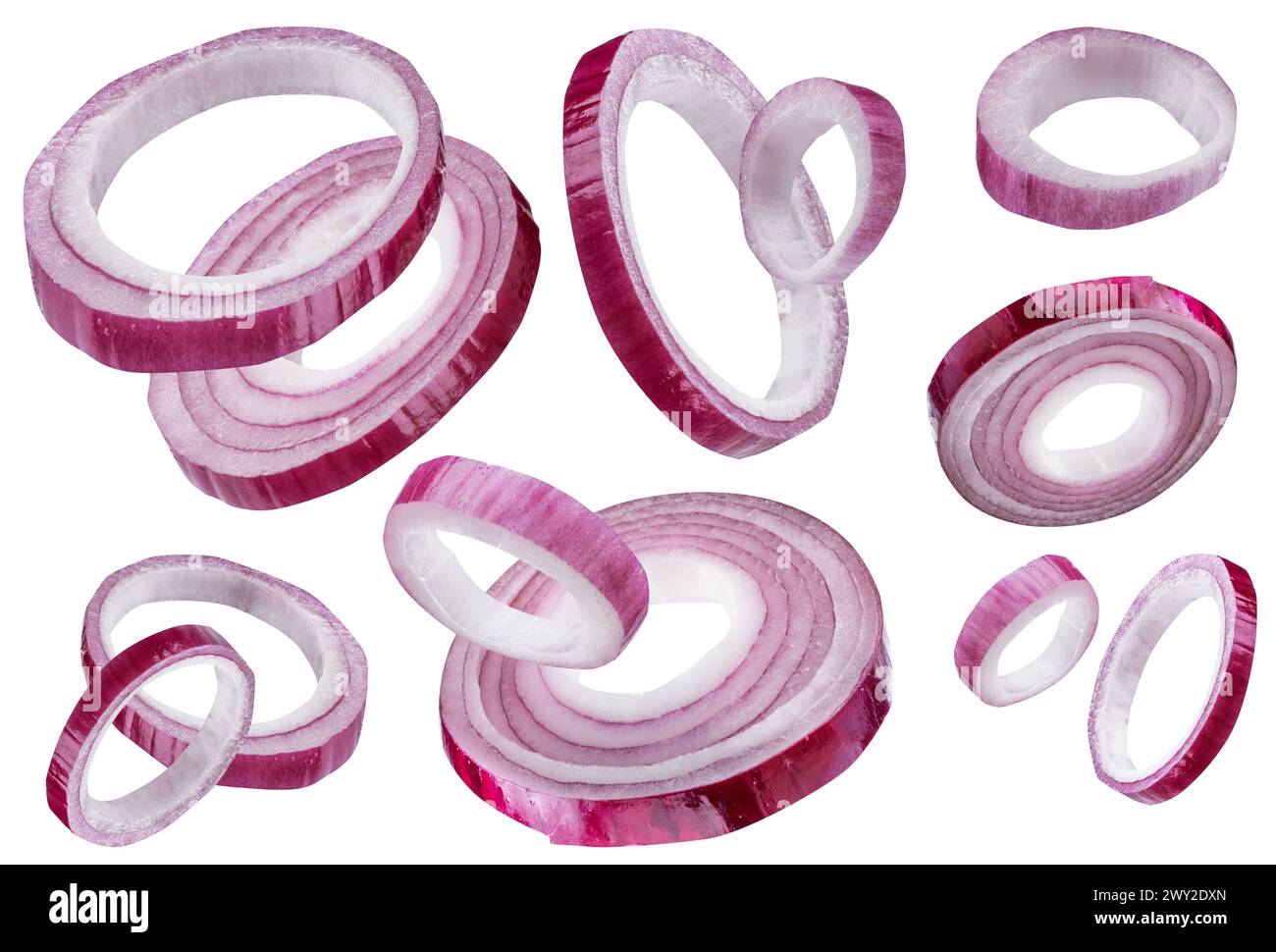 Red onion rings and onion slices isolated on a white background ...