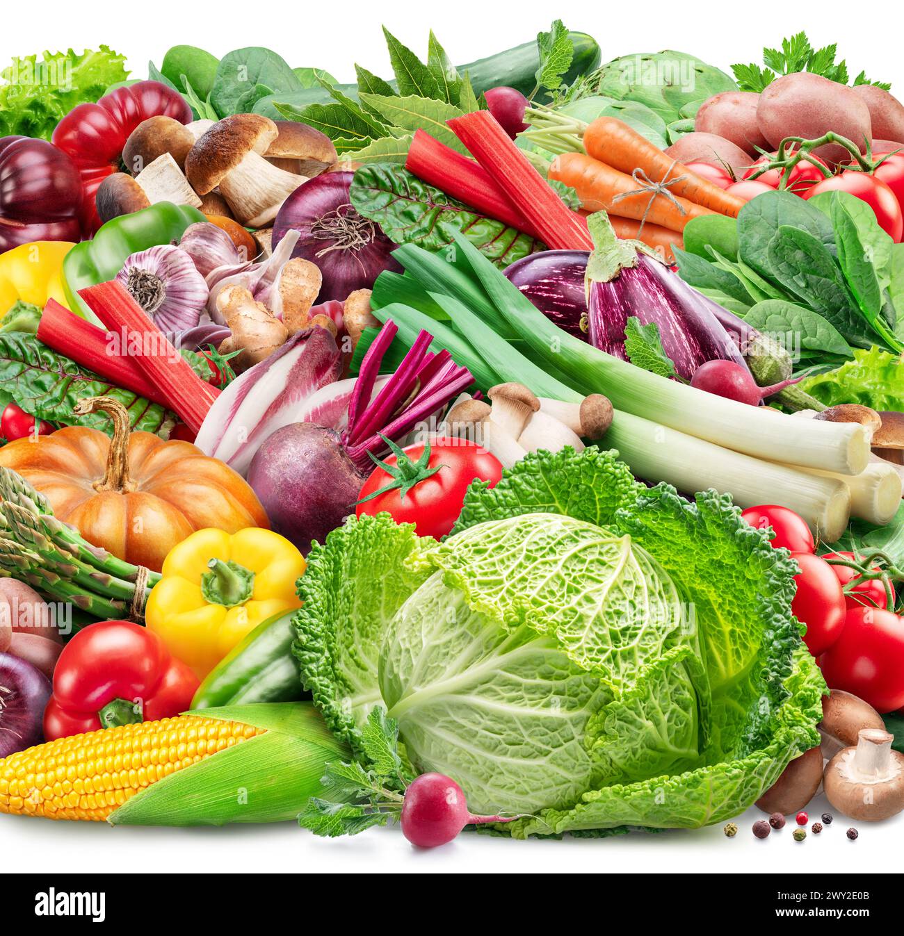 Plenty of fresh organic vegetables and herbs isolated on white ...