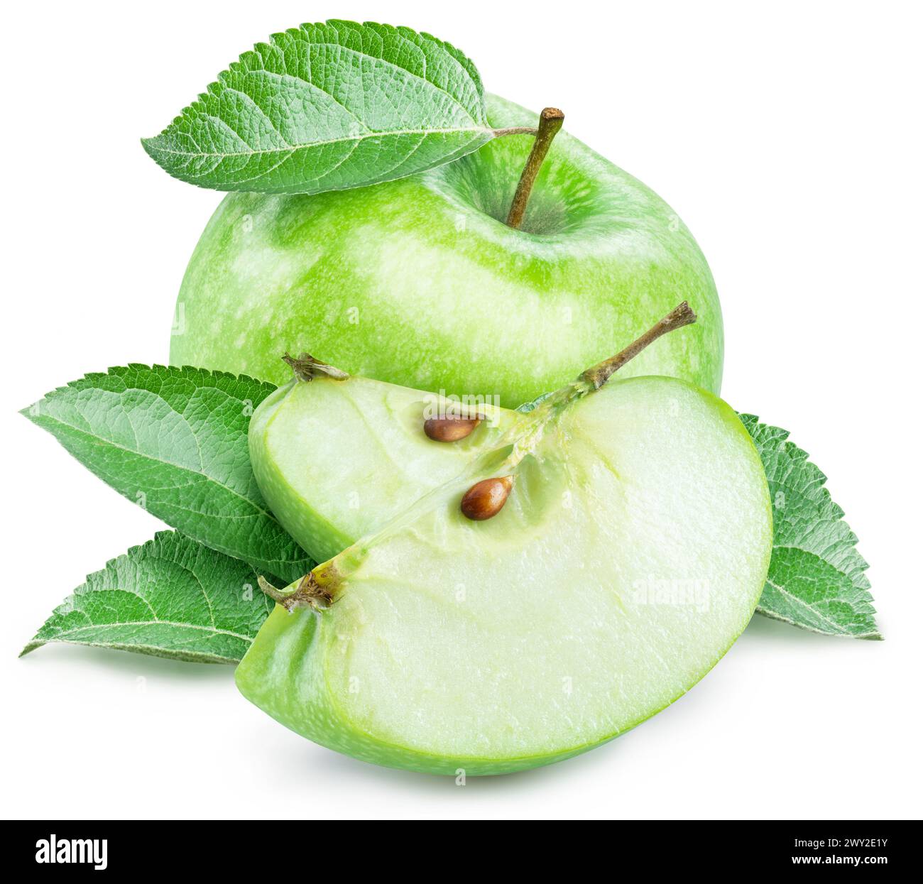 Green apple with leaves and green apple pieces on white background ...