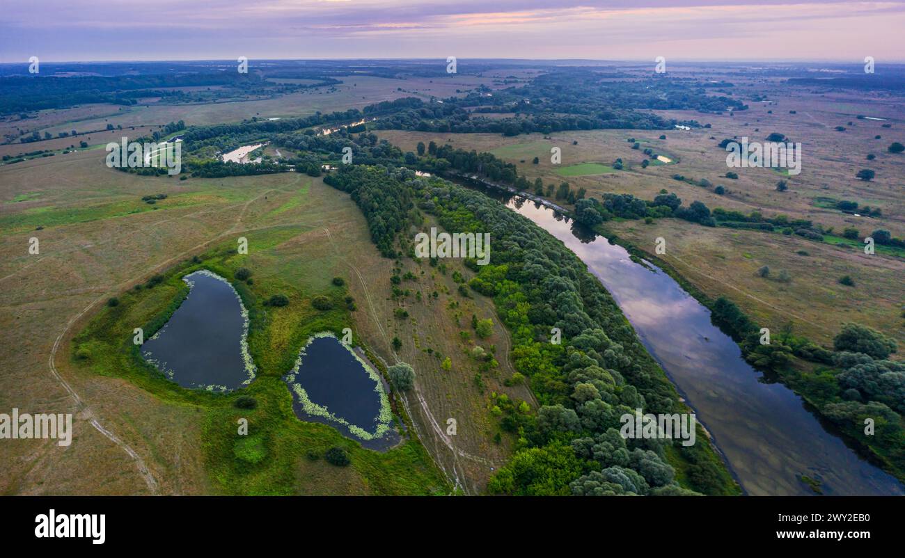 Beautiful Ukrainian nature background. Drone view on riverbank of the ...