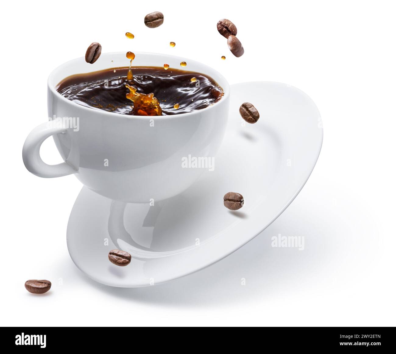 Coffee drink and coffee beans splashing from cup of coffee isolated on ...