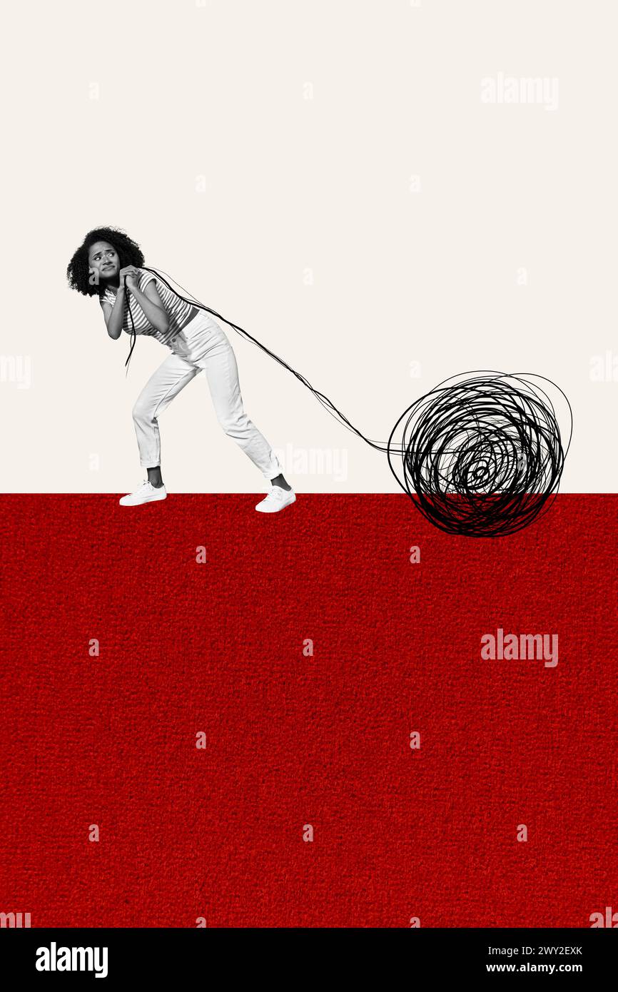 Vertical photo collage of upset depressed american girl carry tangle ...