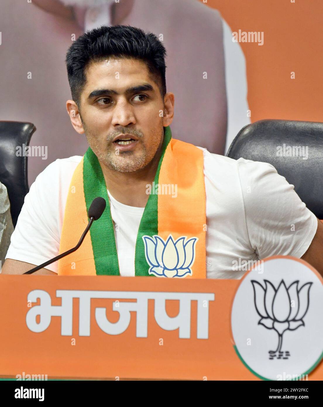 NEW DELHI, INDIA - APRIL 3: Congress leader and Boxer Vijender Singh addresses media after he ...