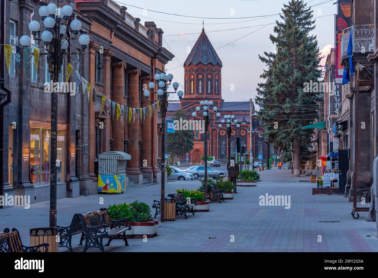 Sunset view of a street in the center of Gyumri, Armenia Stock Photo ...