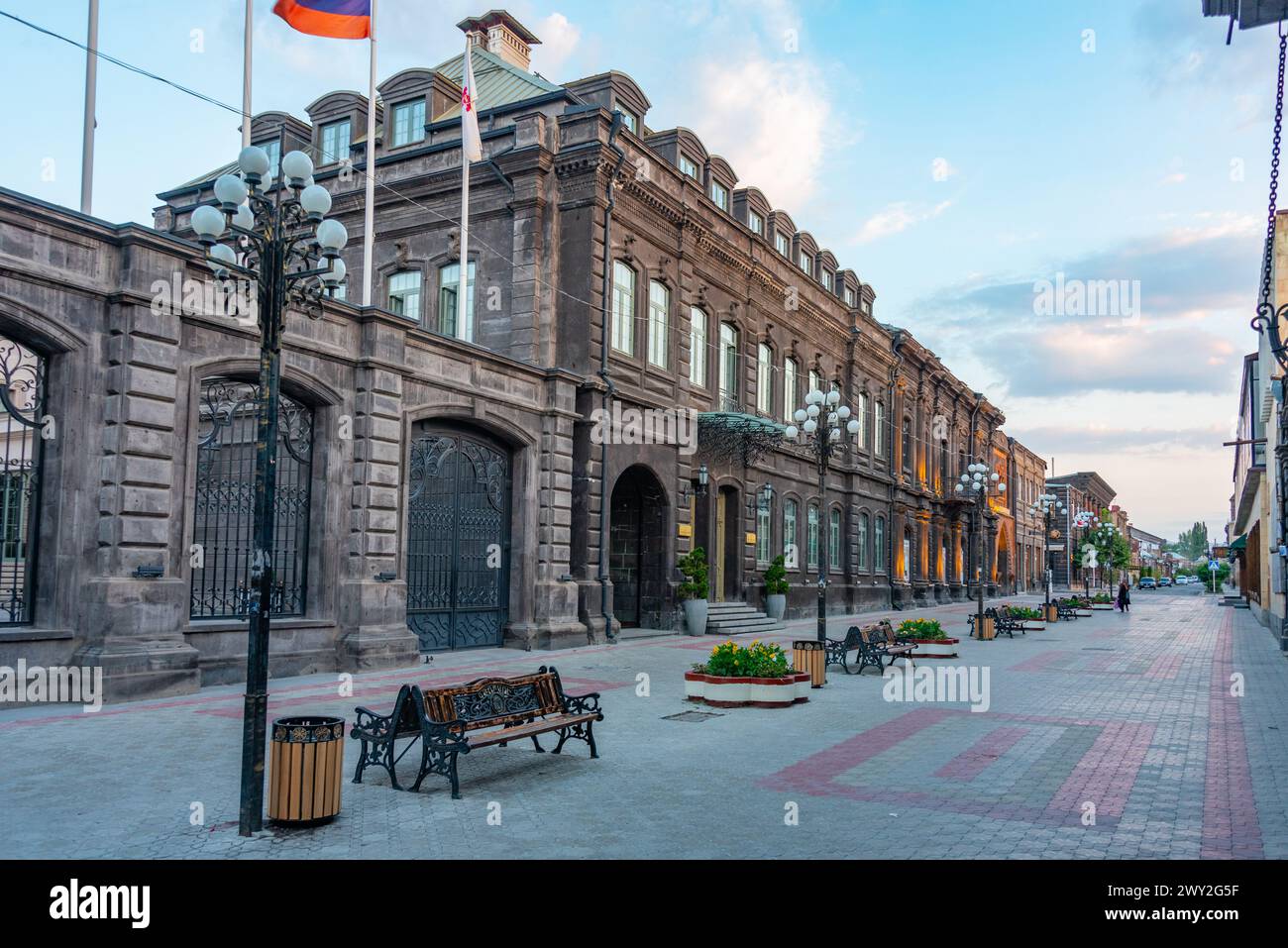Sunset view of a street in the center of Gyumri, Armenia Stock Photo ...