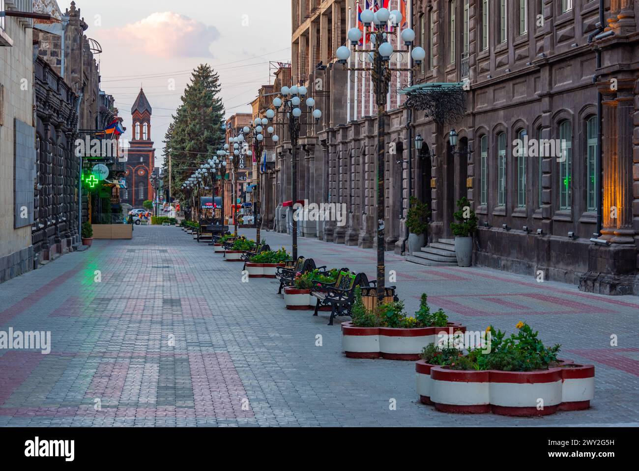 Sunset view of a street in the center of Gyumri, Armenia Stock Photo ...