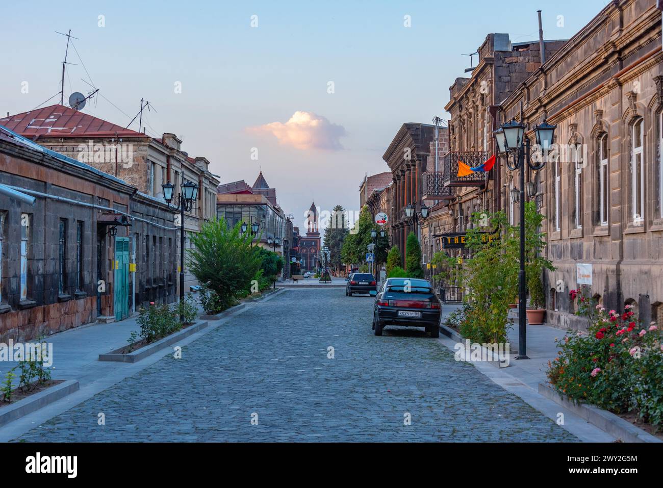 Sunset view of an empty street in the center of Gyumri, Armenia Stock ...