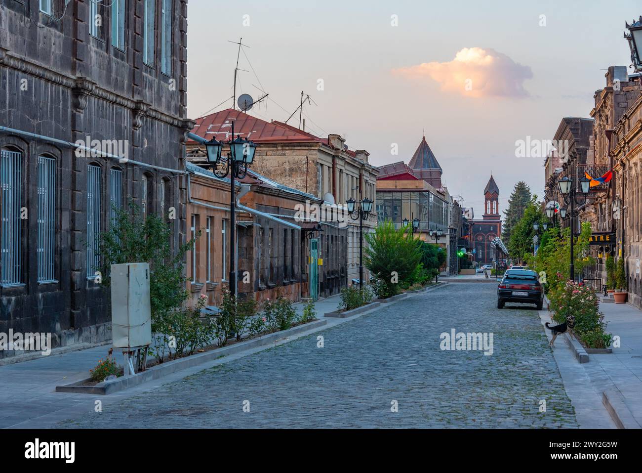 Sunset view of an empty street in the center of Gyumri, Armenia Stock ...