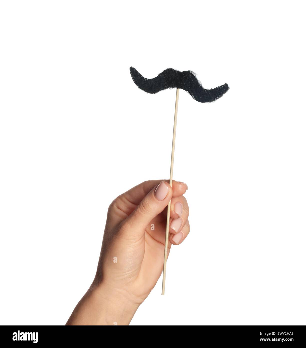 Woman with fake paper mustache on white background, closeup Stock Photo ...