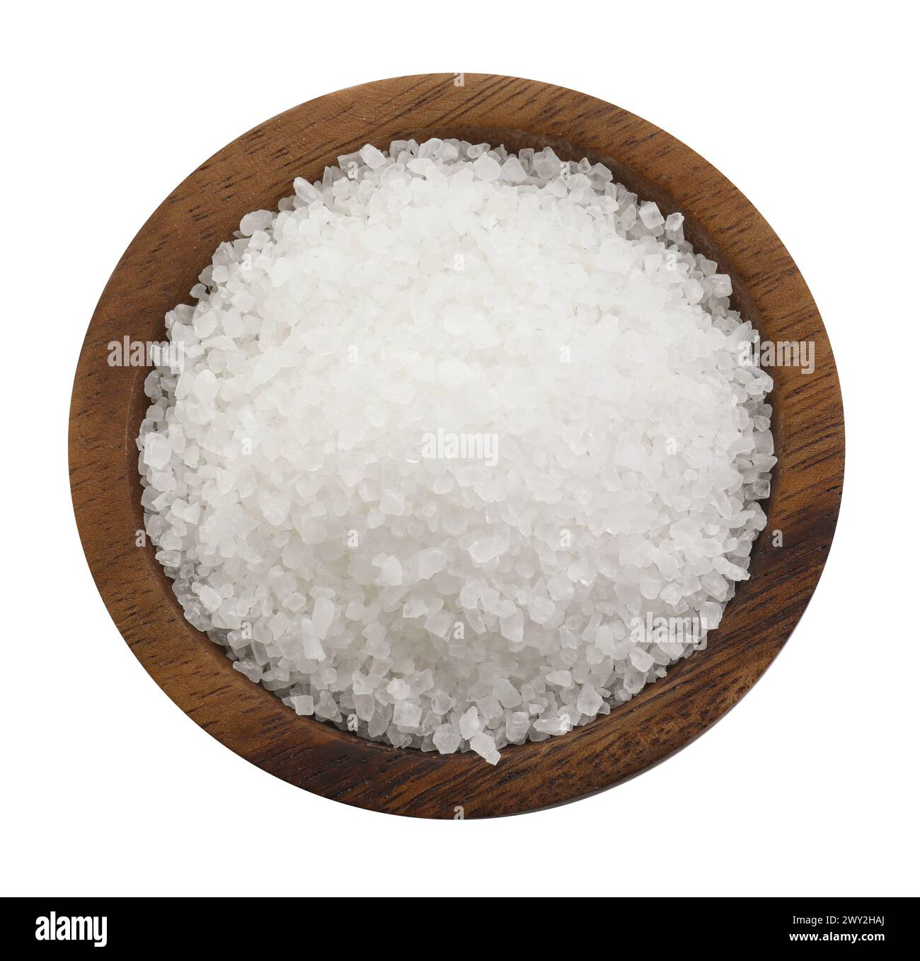 Natural salt in wooden bowl isolated on white, top view Stock Photo - Alamy