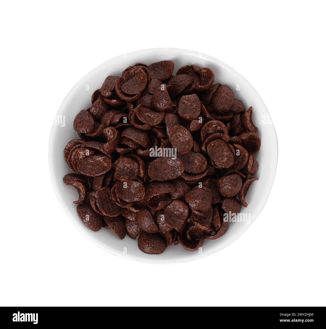 Breakfast cereal. Chocolate corn flakes in bowl isolated on white, top ...