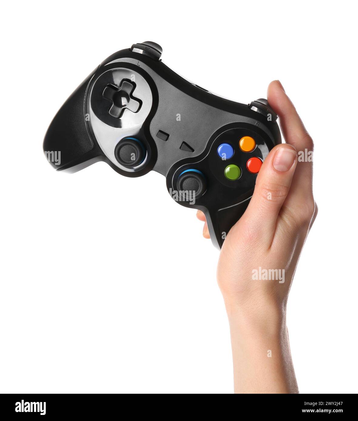 Woman holding game controller on white background, closeup Stock Photo ...