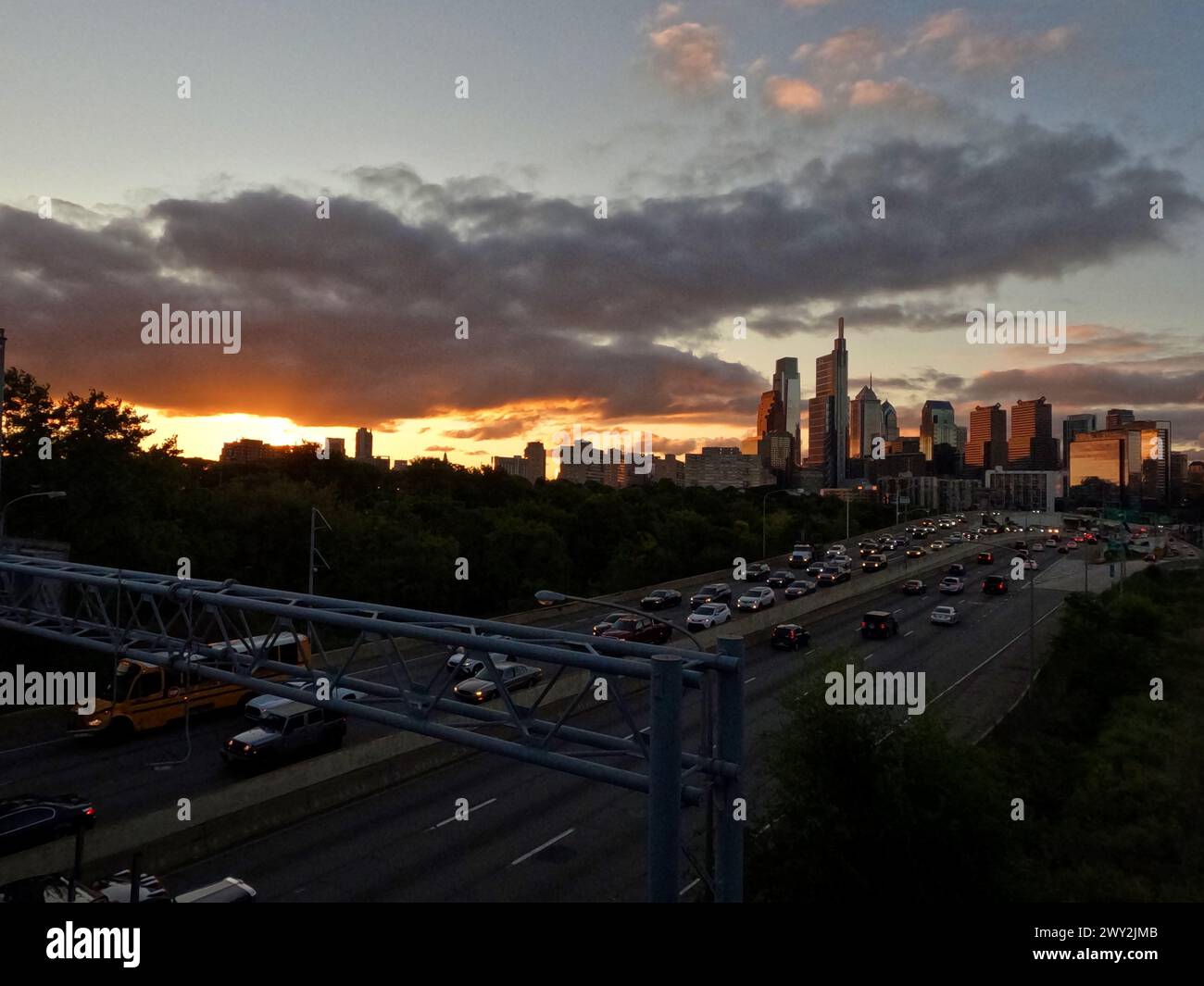 The sun rises over traffic on the Schuylkill Expressway and the Center ...