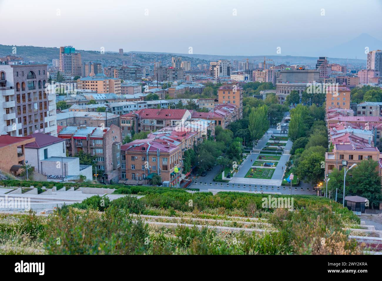 Sunset view of Yerevan from the Cascade staircase, Armenia Stock Photo ...