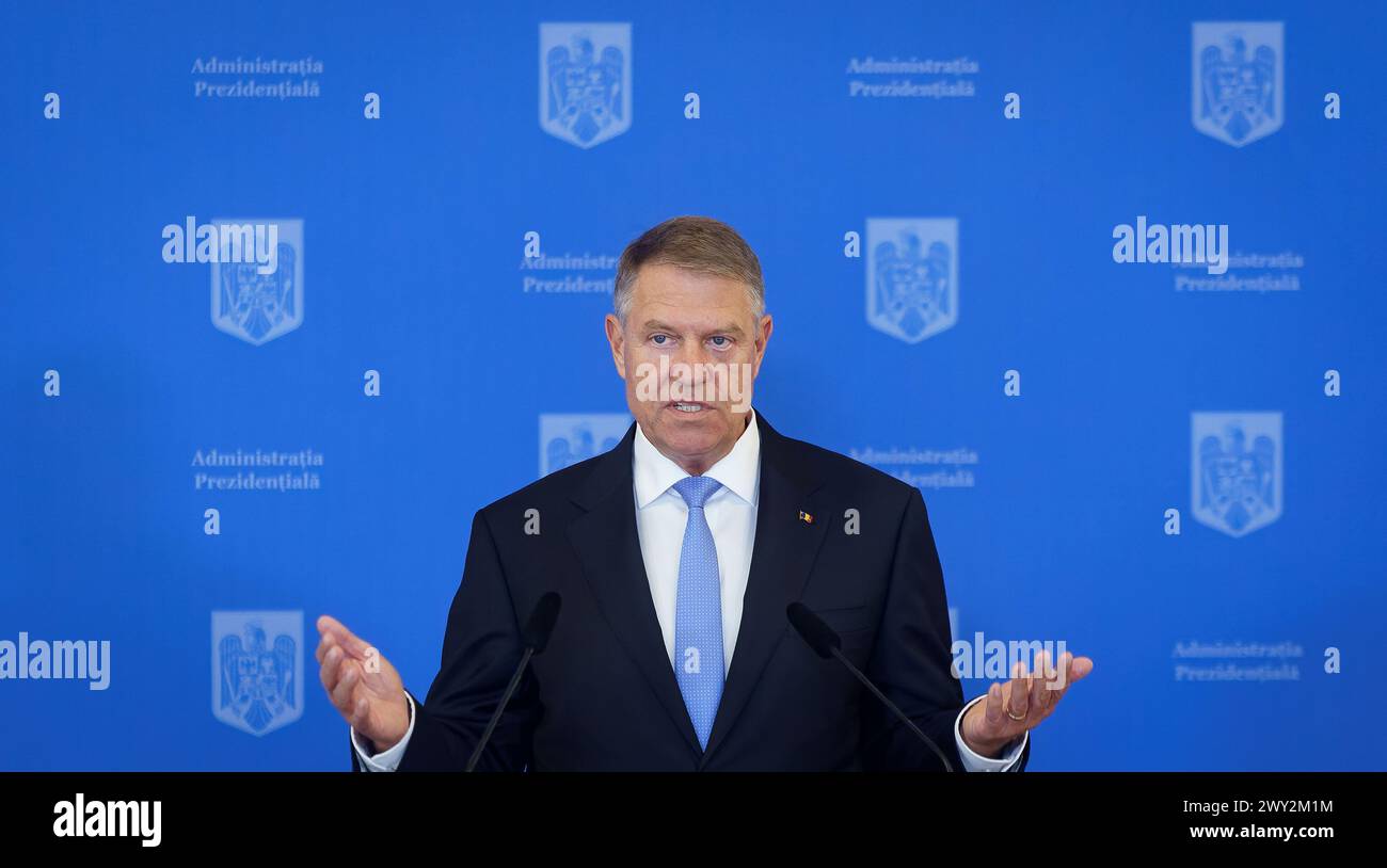Bucharest, Romania. 3rd Apr, 2024: Romanian President, Klaus Iohannis ...