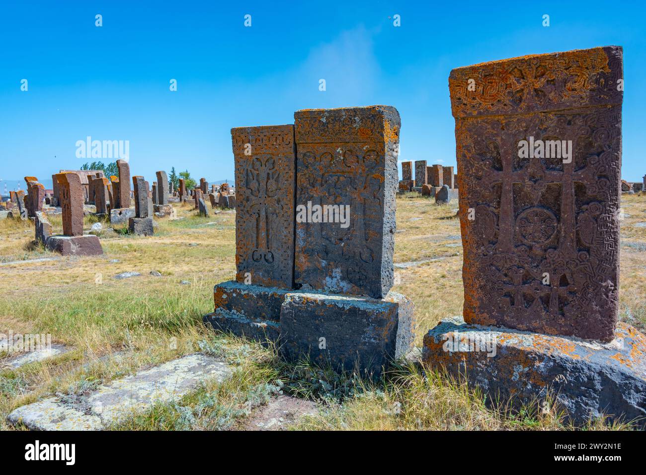 Noratus cemetery with Khachkars - ancient tombstones in Armenia Stock ...