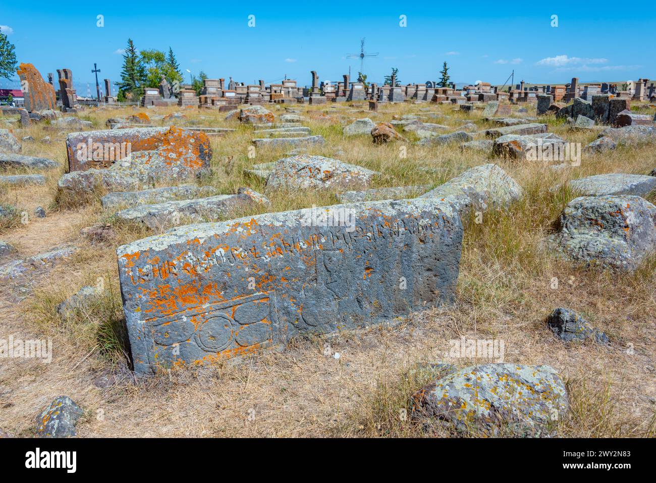 Noratus cemetery with Khachkars - ancient tombstones in Armenia Stock ...