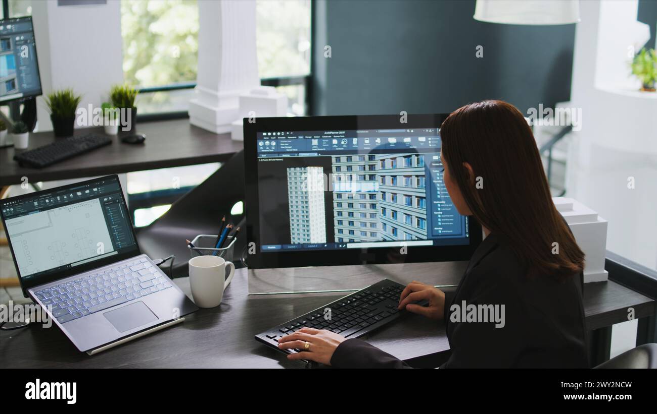 Engineer Developing 3d Building Model On Graphic Software At Agency Office Creating New Real