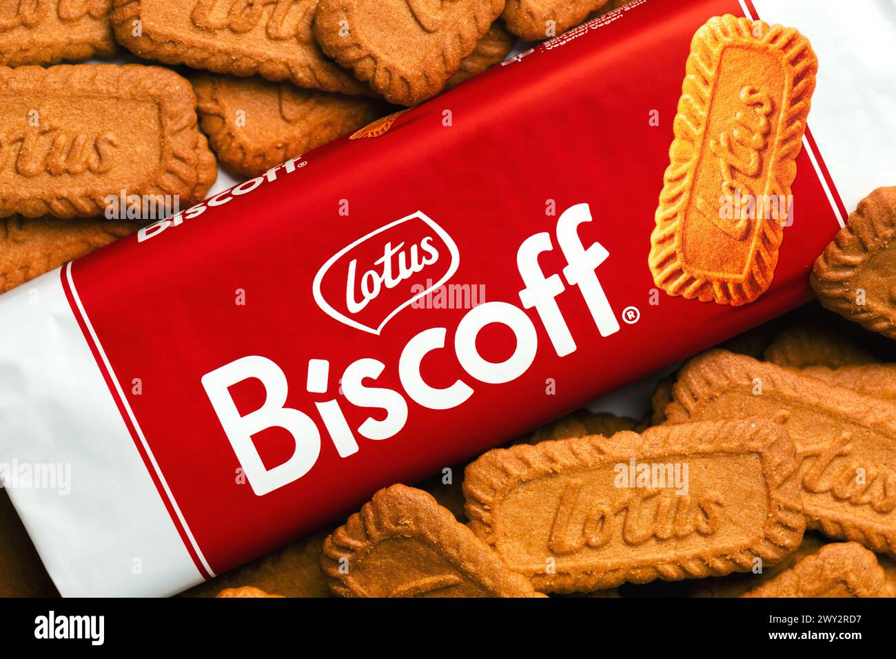 Close up of Lotus branded Biscoff snack pack of Belgian biscuits along ...