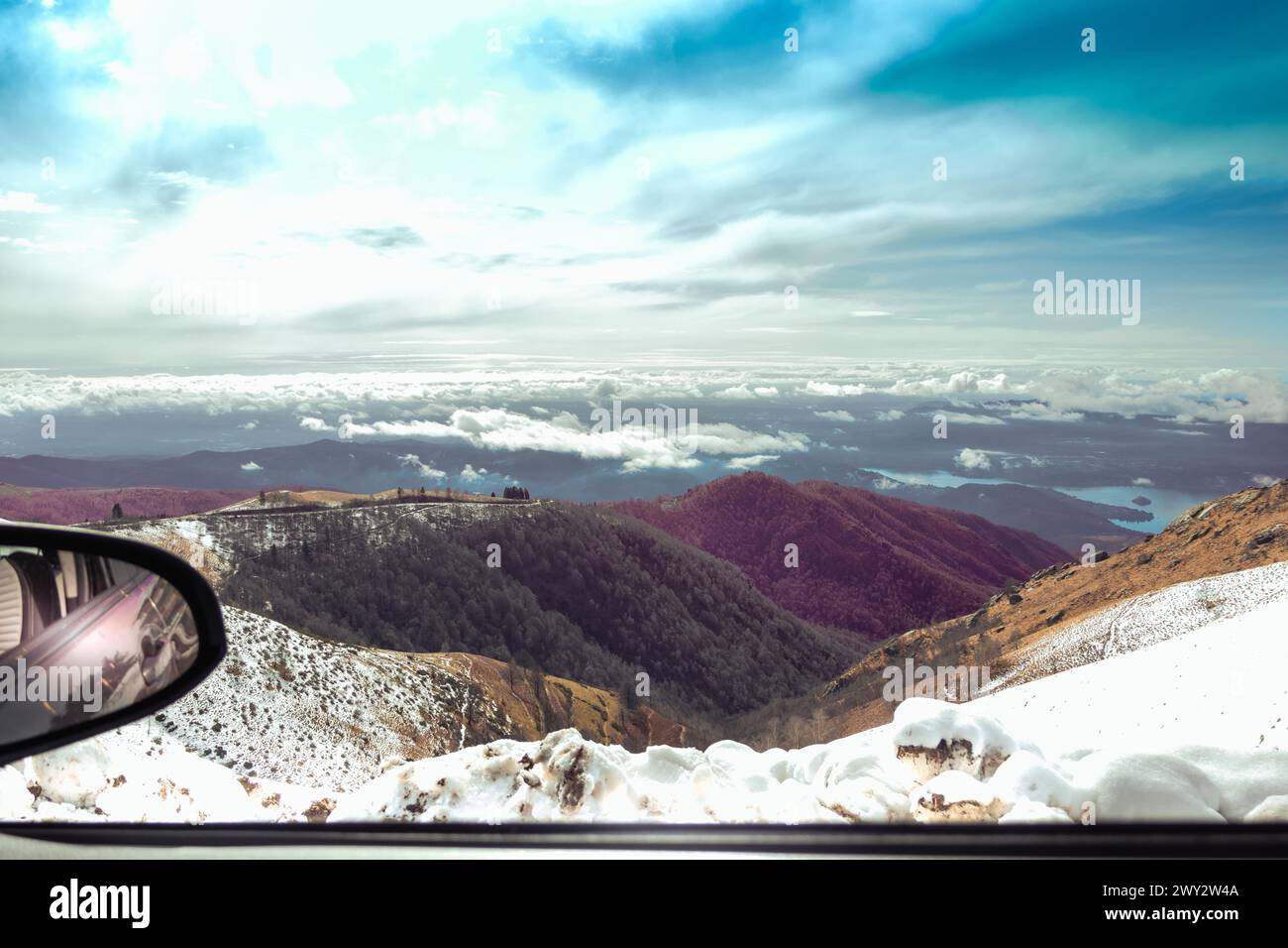 From the car window, after a snowfall. Surreal view from the top of the ...