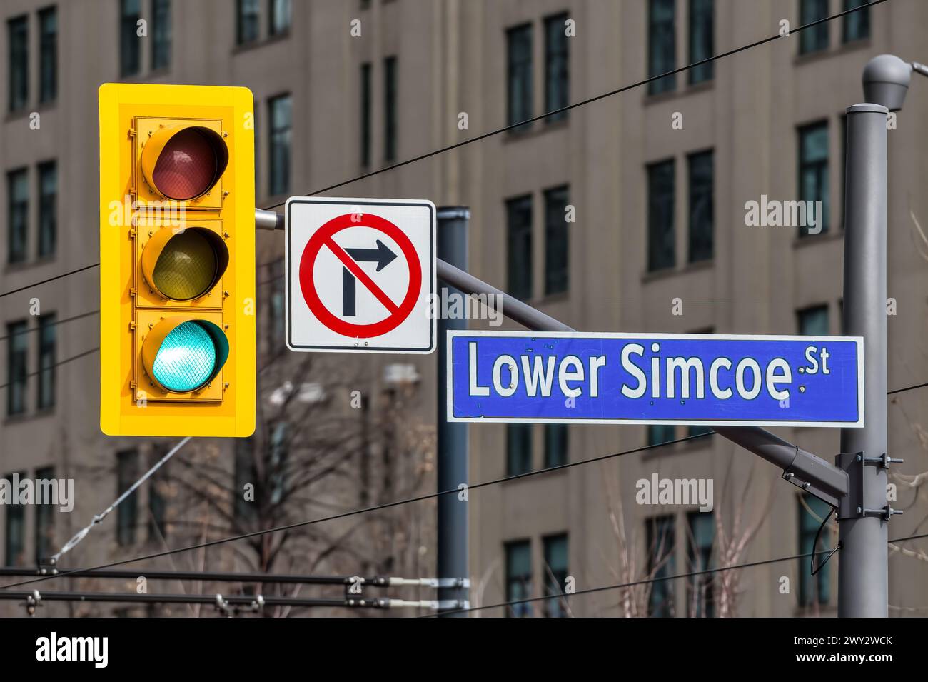 Stop light and street name sign in Simcoe Street, Toronto, Canada Stock ...