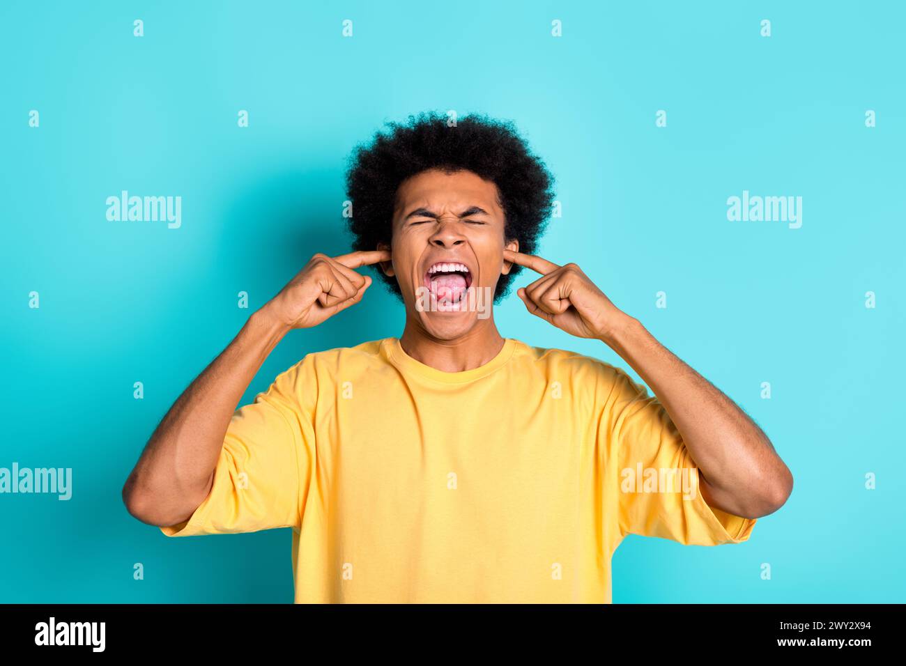 Photo of stressed overwhelmed man with afro hairstyle wear oversize t ...