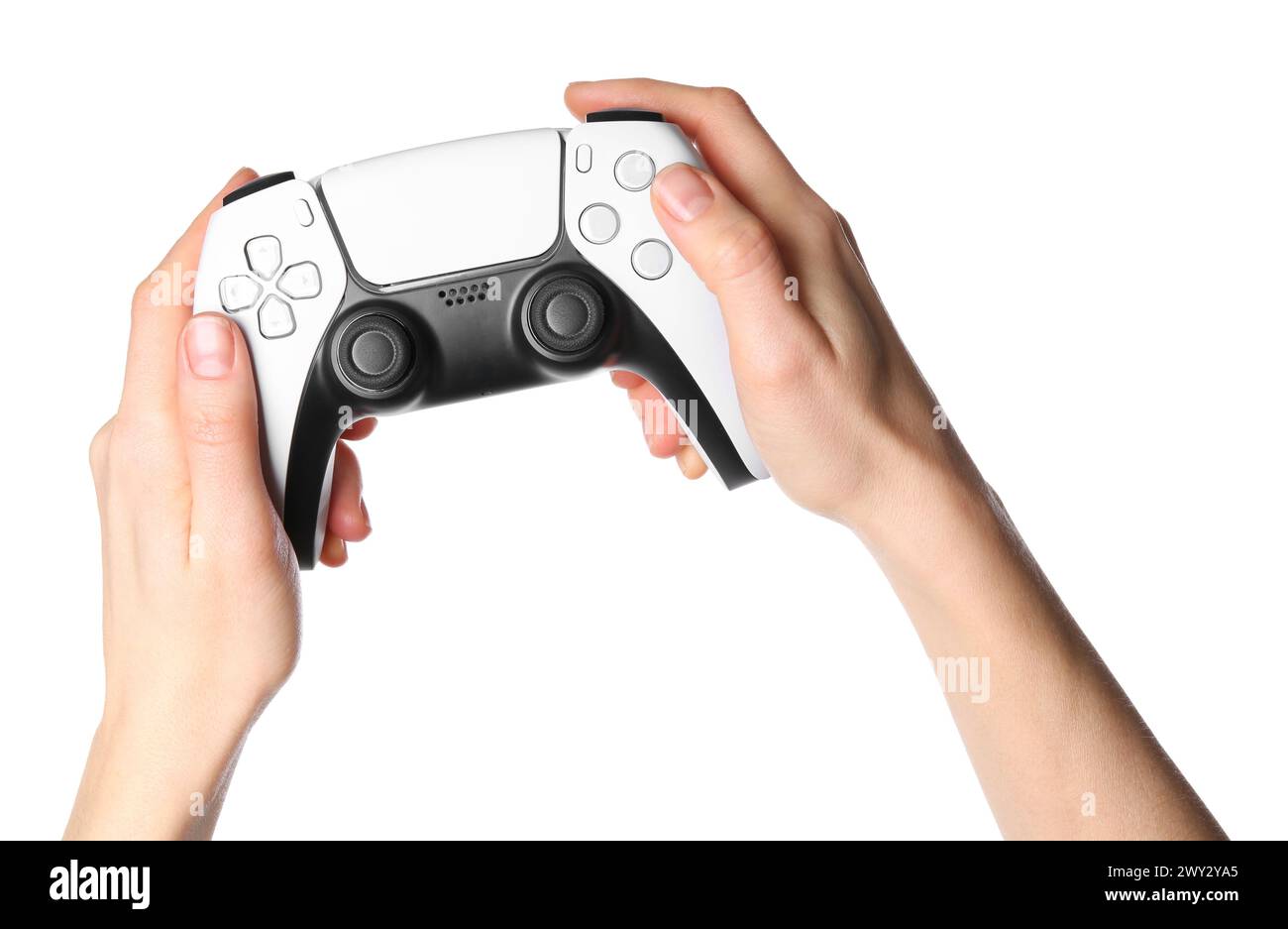 Woman with game controller on white background, closeup Stock Photo - Alamy
