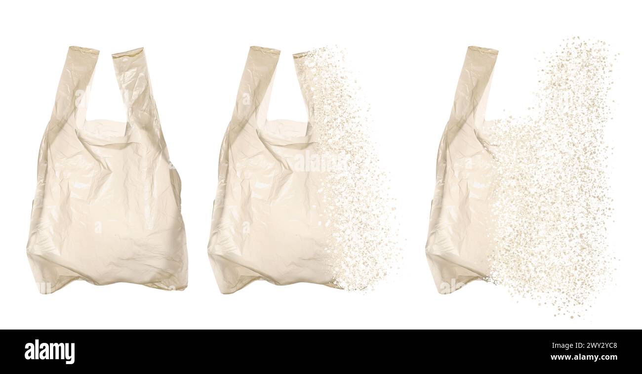 Transparent disposable bag vanishing on white background, set. Plastic ...