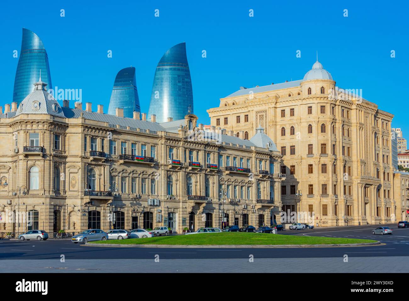 Mix of historical and contemporary architecture in the old town of Baku ...