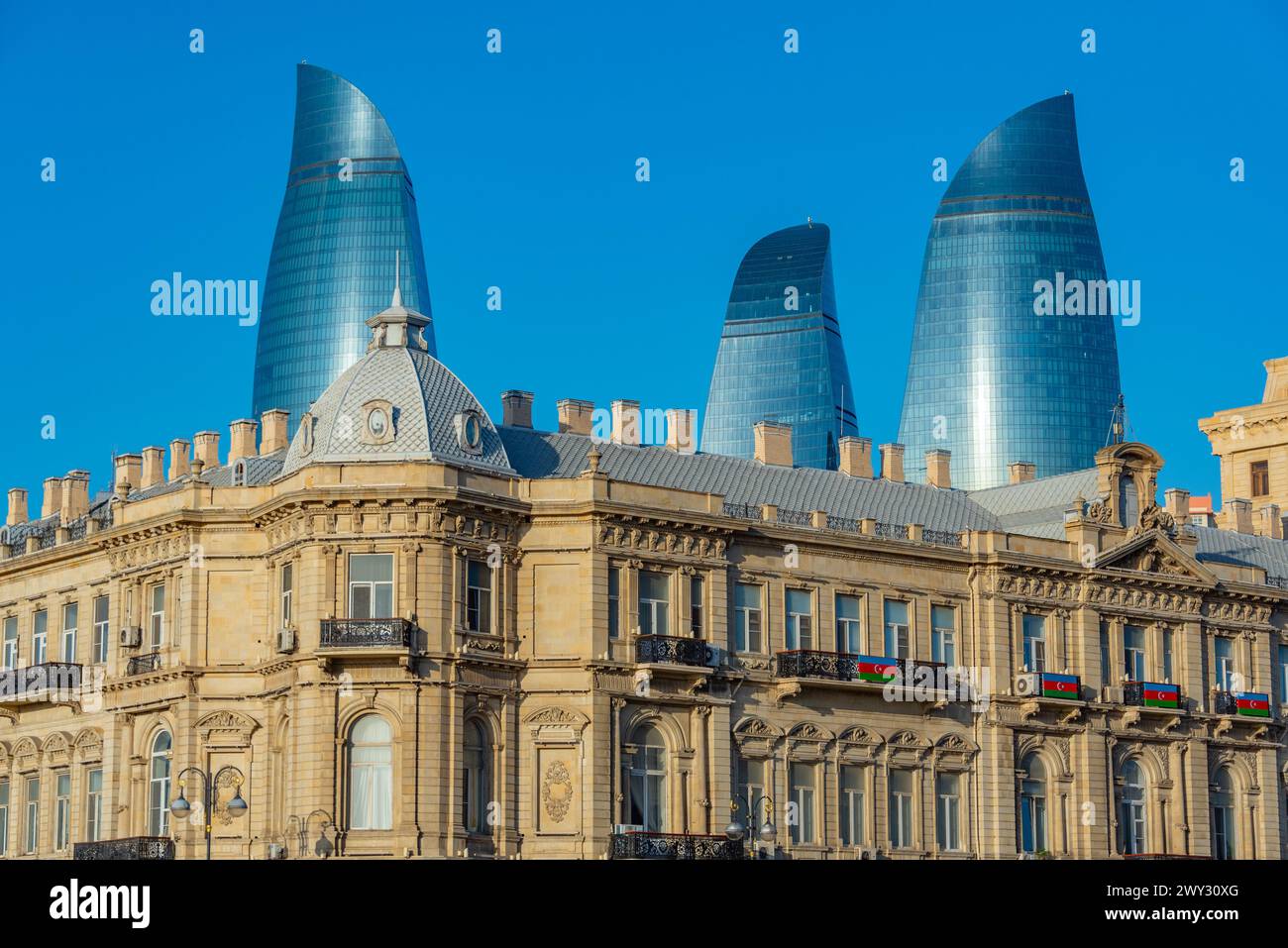 Mix of historical and contemporary architecture in the old town of Baku ...