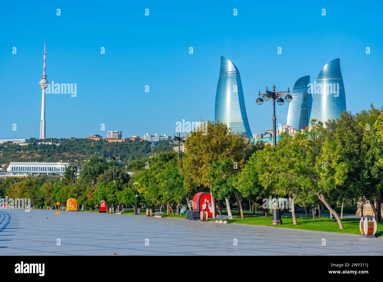 Seaside promenade with Flame towers on background in Baku, Azerbaijan ...