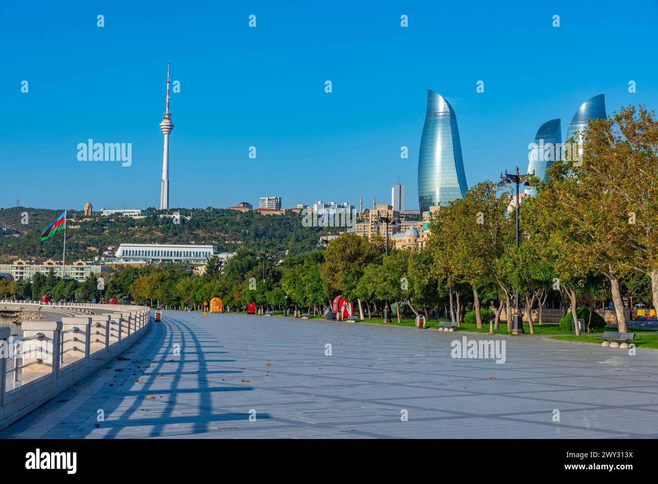 Seaside promenade with Flame towers on background in Baku, Azerbaijan ...