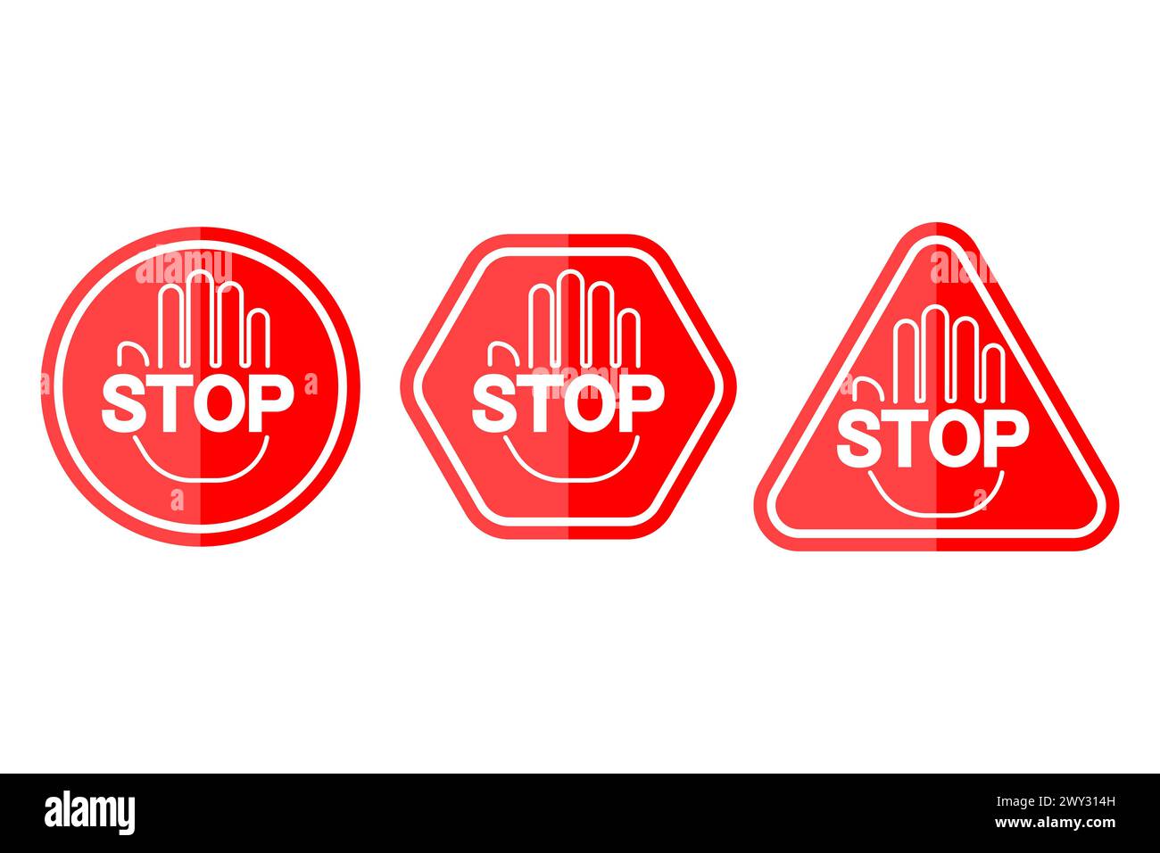 Set of stop hand signs. Red warning symbols. Safety and caution icons ...