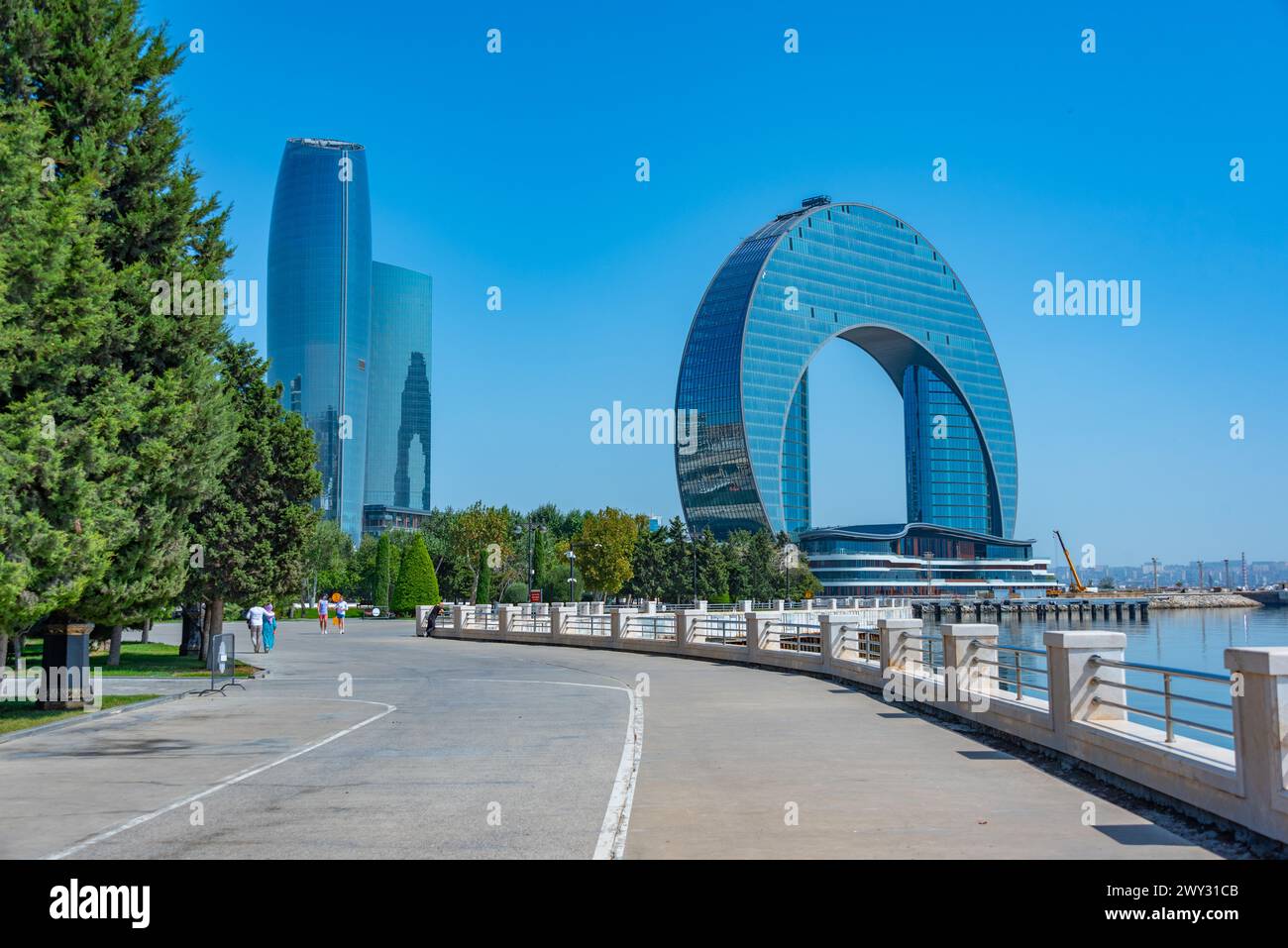 The crescent building at the waterfront of Baku, Azerbaijan Stock Photo ...