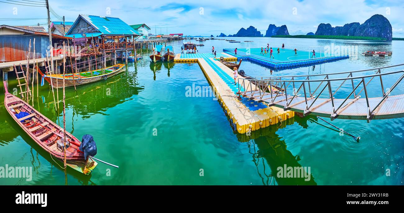 Panorama with stilt houses, longtail boats and the modern floating ...