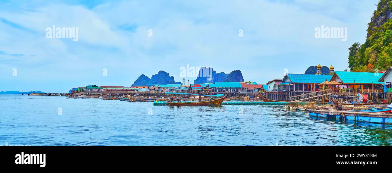 Panorama of Ko Panyi floating Muslim village with boats along the coast ...