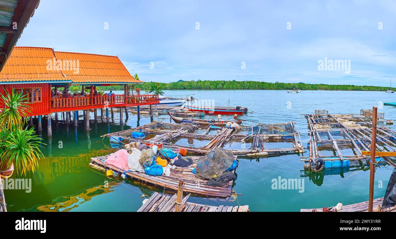 Panorama of Ko Panyi floating Muslim village coast with fish farms and ...