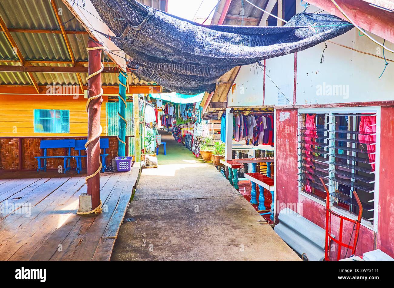 The narrow street with tourist market stalls in Ko Panyi floating ...