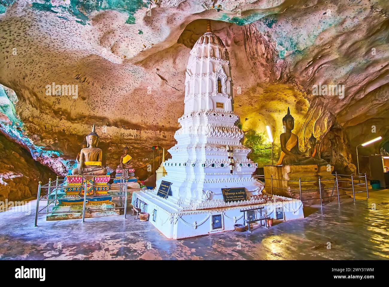 PHANG NGA, THAILAND - APRIL, 28: The white chedi (Prang shaped) in Tham ...