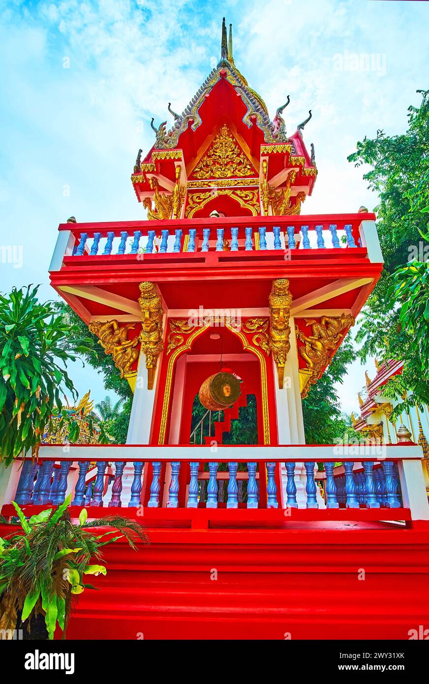 The building of Ho Rakang belfry of Wat Suwan Kuha Cave Temple with ...