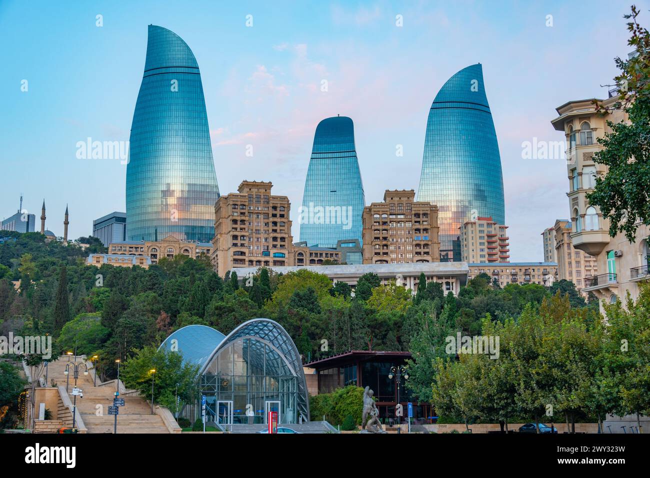 Sunrise view of Flame towers domainating the skyline of Baku ...