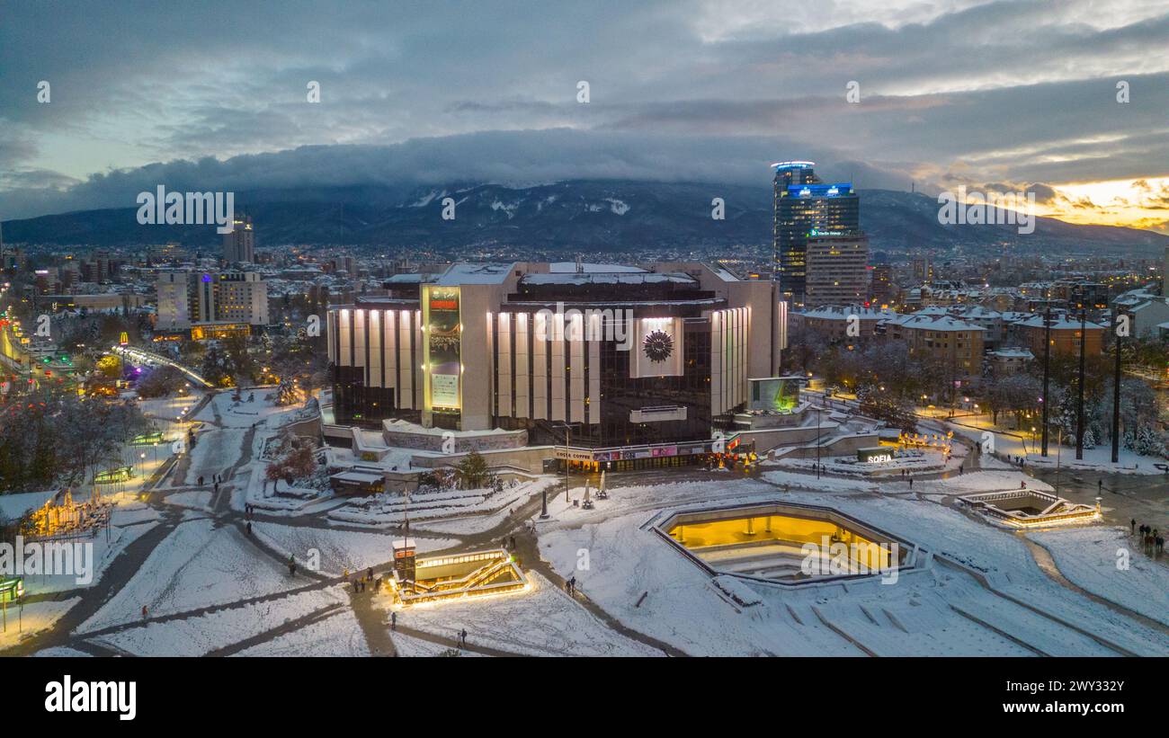 Winter night view of the National Palace of Culture in Sofia, Bulgaria ...