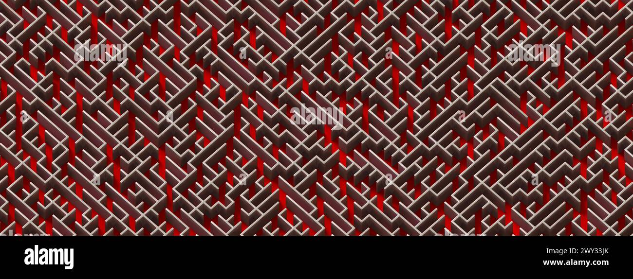 Abstract metal maze labyrinth background with red floor, banner white ...